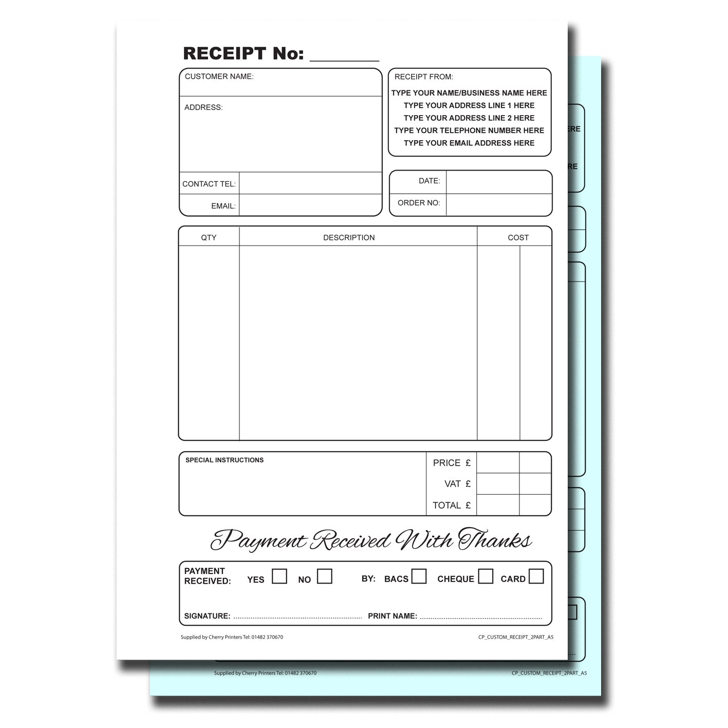 NCR *CUSTOM* Receipt Duplicate Book A5 | 4 Book Pack – Cherry Printers UK