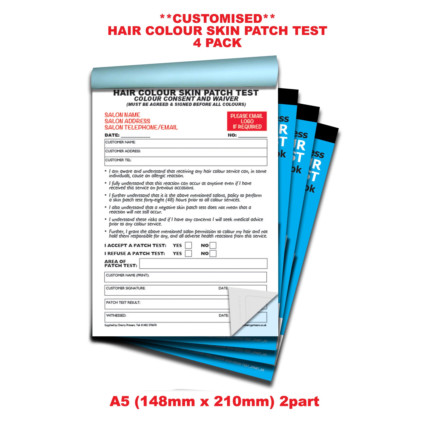 NCR *CUSTOM* Hair Colour Patch Test Duplicate Book A5 | 4 Book pack ...