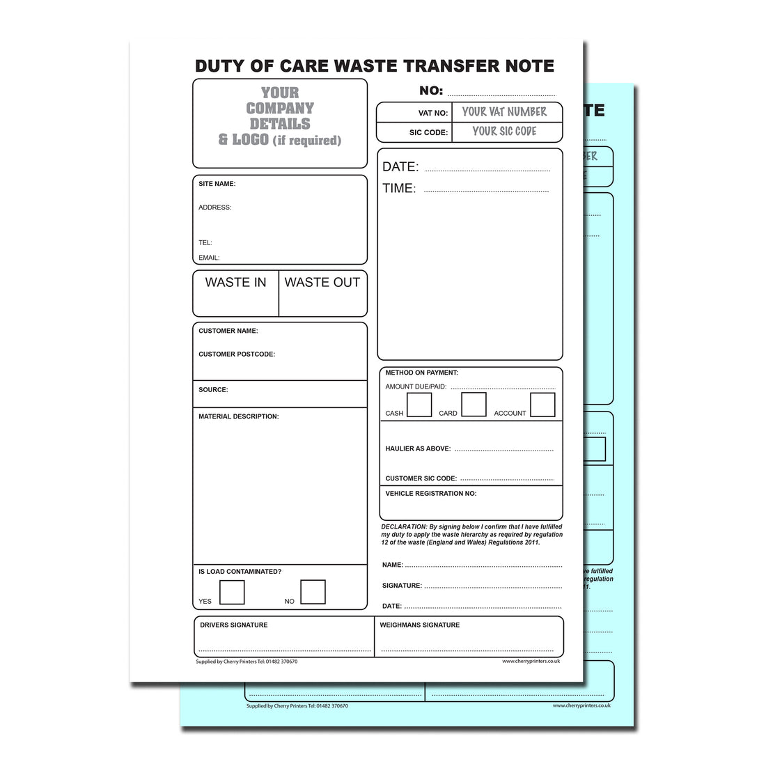 NCR *CUSTOM* Duty of Care Waste Transfer Note Duplicate Book A5 | 4 Bo ...