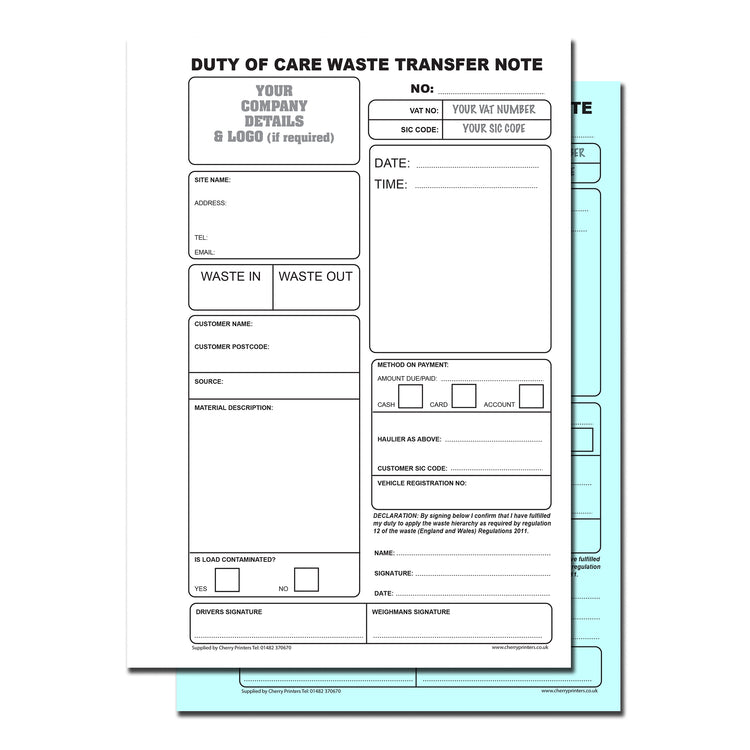 NCR *CUSTOM* Duty of Care Waste Transfer Note Duplicate Book A5 | 4 Bo ...