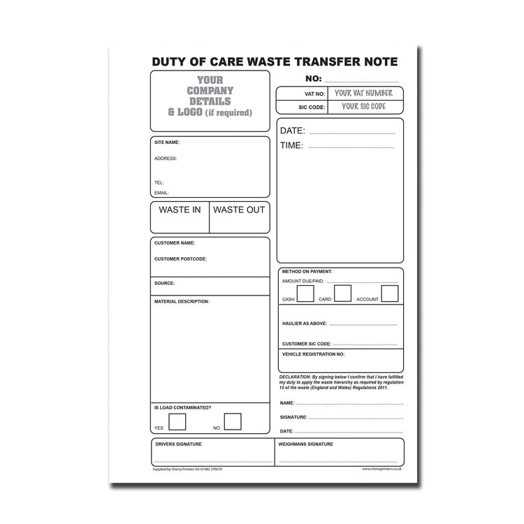 NCR *CUSTOM* Duty of Care Waste Transfer Note Duplicate Book A5 | 4 Bo ...