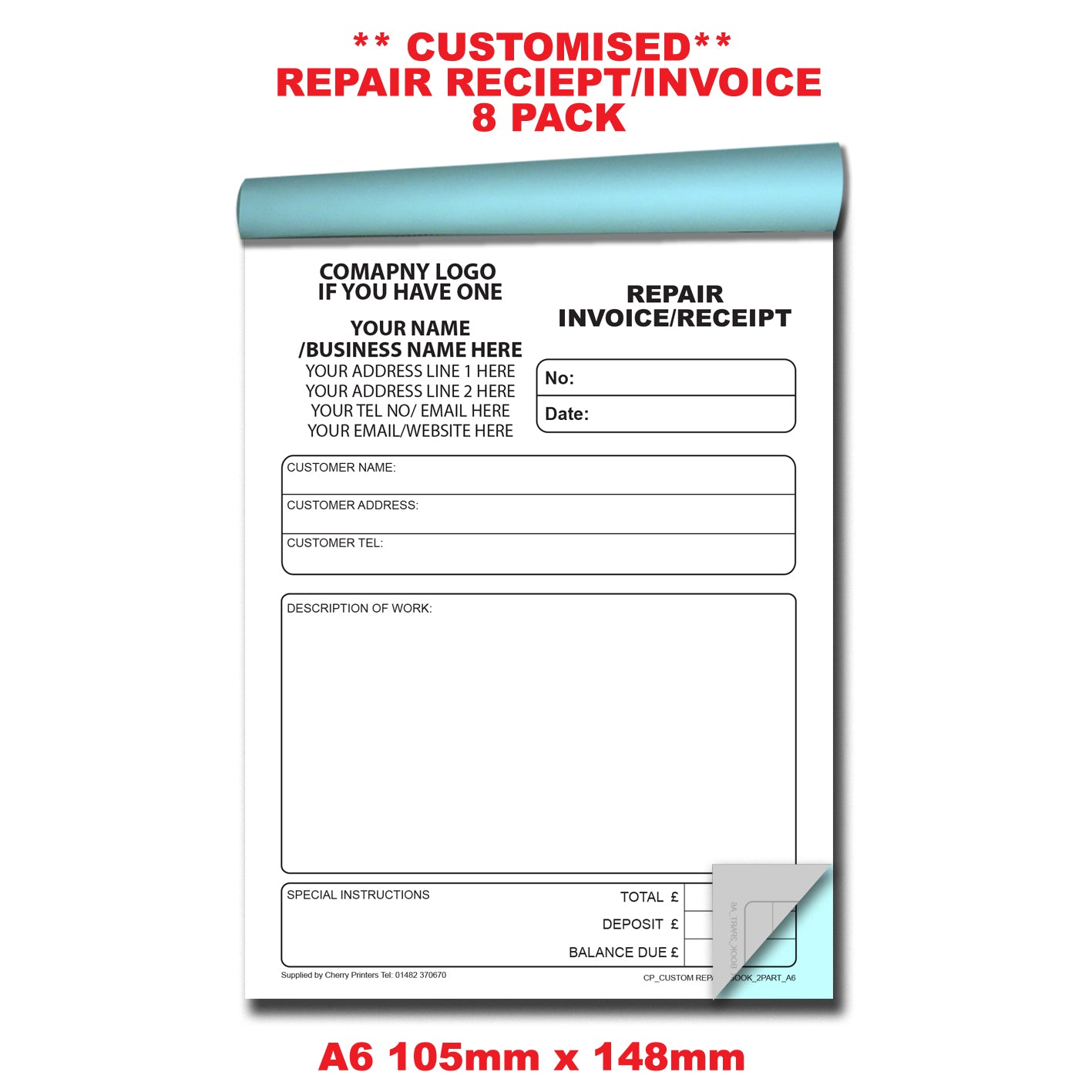NCR *CUSTOM* Repair Invoice/Receipt Duplicate Book A6 | 8 Book Pack ...