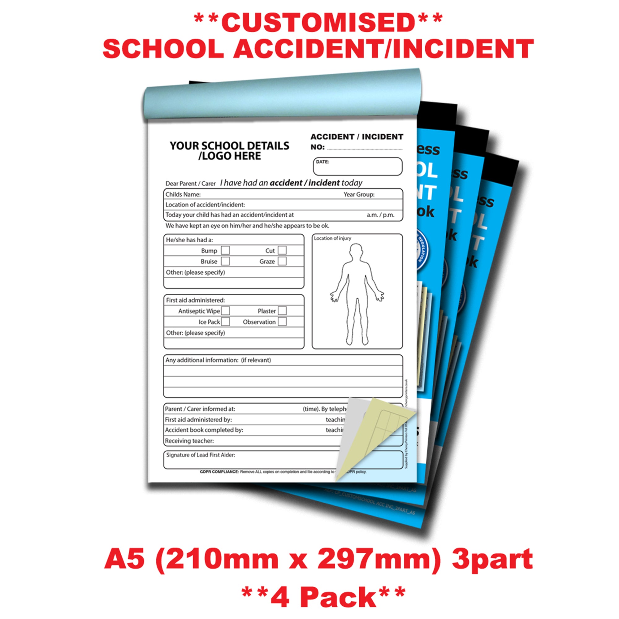 NCR *CUSTOM* School Accident/Incident Triplicate Book A5 4 Book Pack G ...