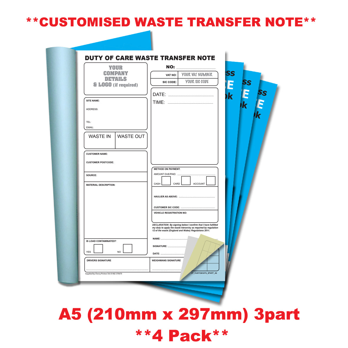 NCR *CUSTOM* Duty of Care Waste Transfer Note Triplicate Book A5 4 Boo ...