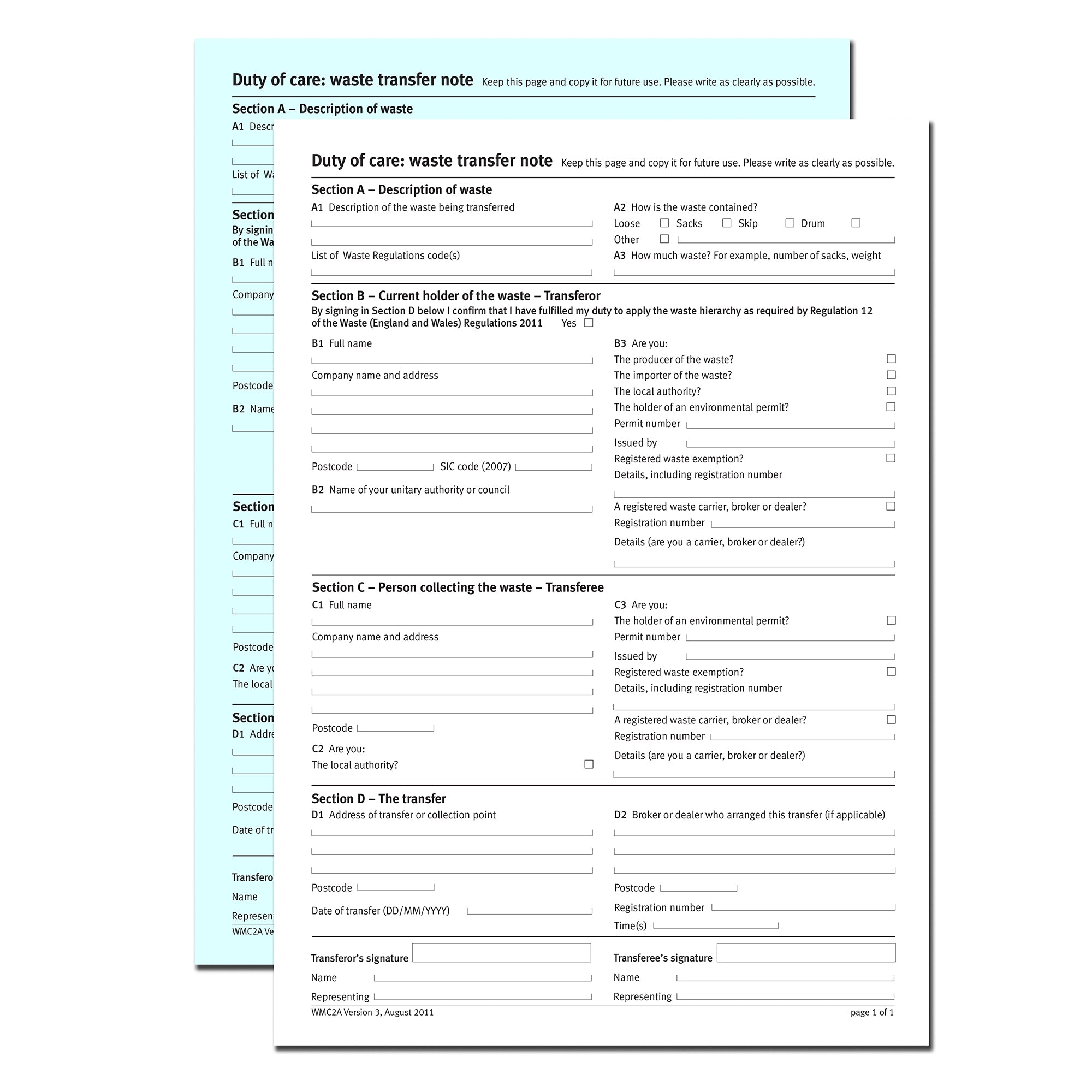 NCR Duty of Care Waste Transfer Pad A4 Duplicate – Cherry Printers UK