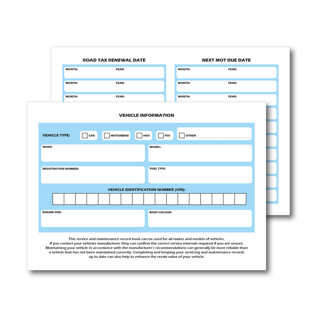 Vehicle Service Schedule & Maintenance Record Log | A5 | Blank Replace ...