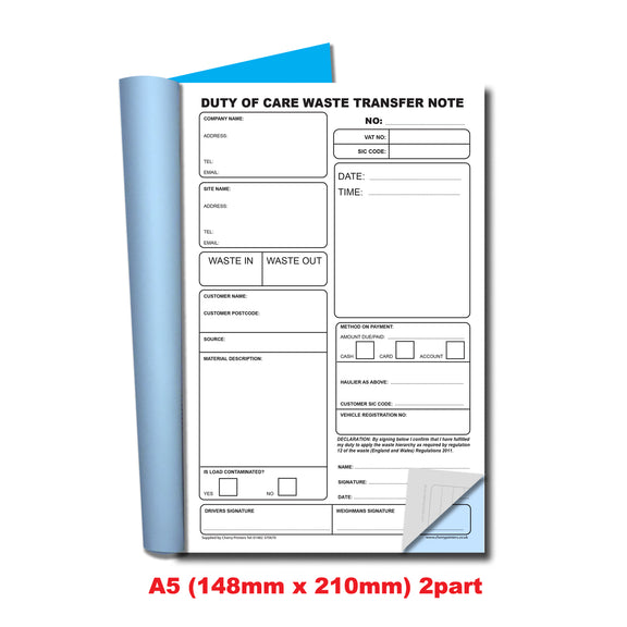 NCR Waste Transfer Book A5 Duplicate – Cherry Printers UK
