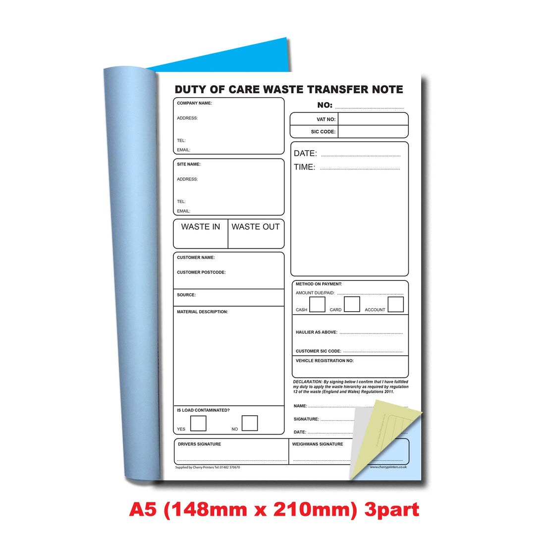 NCR Waste Transfer Book A5 Triplicate – Cherry Printers UK