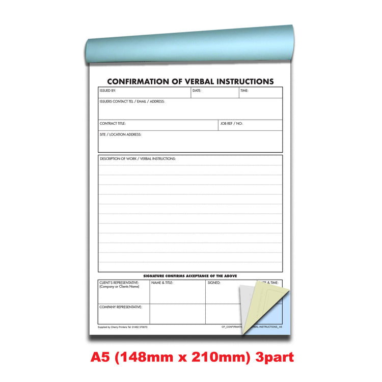 NCR Confirmation of Verbal Instruction Book A5 Triplicate – Cherry ...