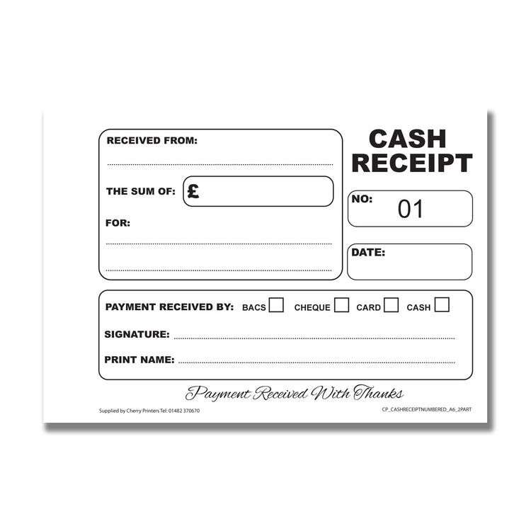 NCR Cash Receipt Numbered 1-50 Duplicate Book A6 – Cherry Printers UK