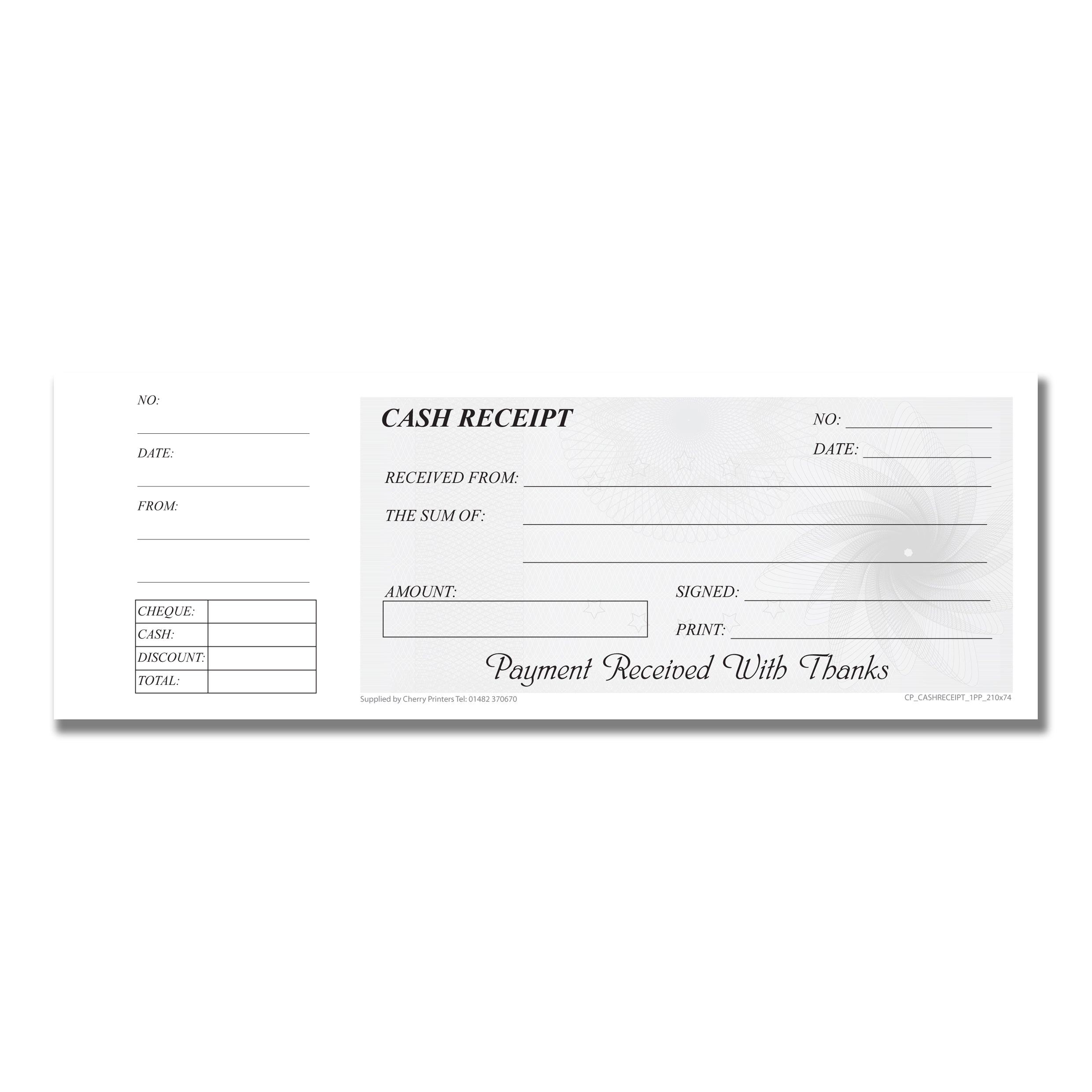 Cash Receipt Book - Cheque Book Style with stub 210mm x 74mm 50 pages ...