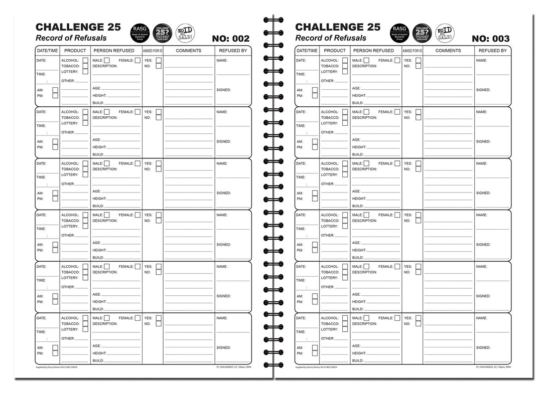 Challenge 25 Refusal Log 120gsm A4 50 Pages Wirobound – Cherry Printers UK