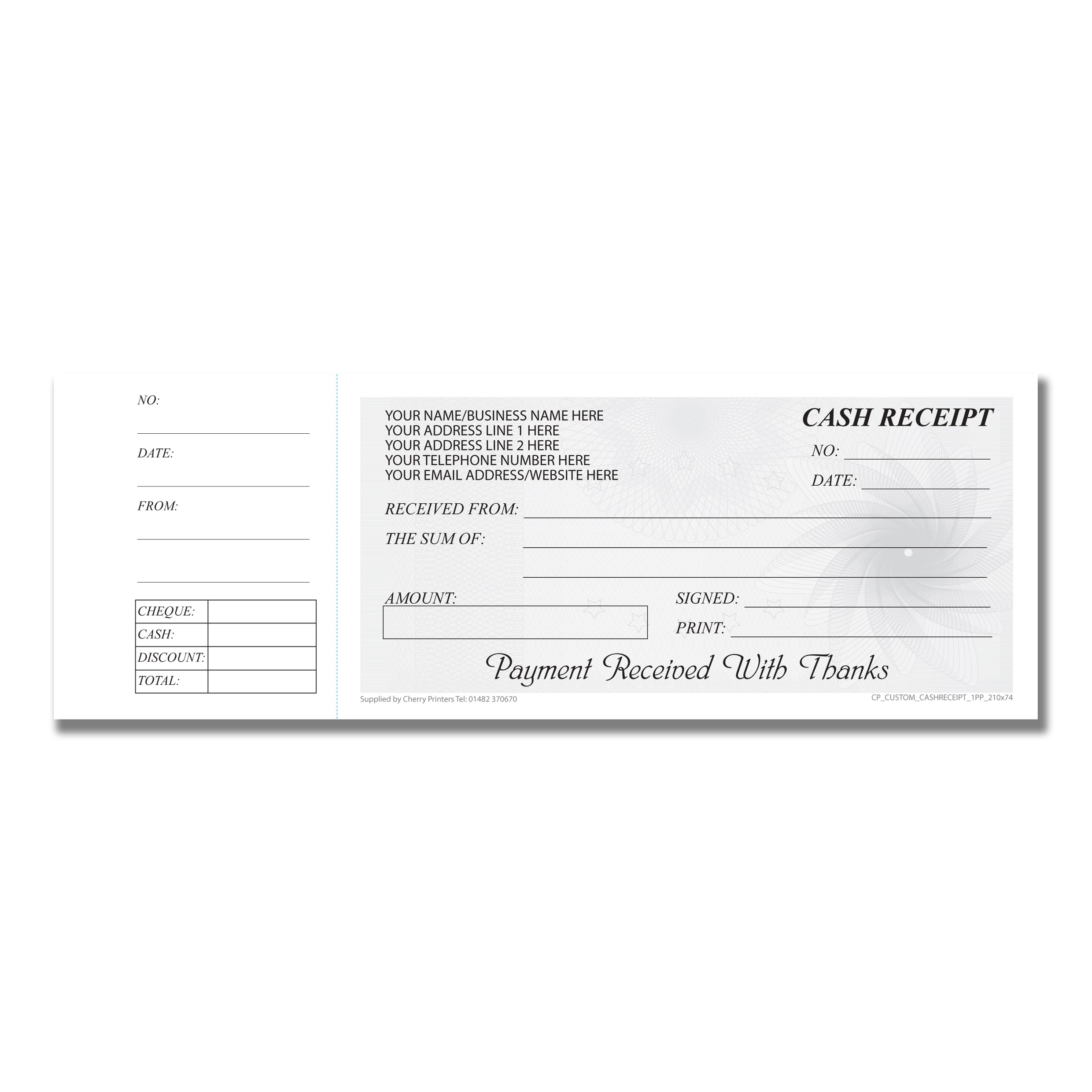 *CUSTOM* Cash Receipt Cheque Book Style with Stub 210mmx74mm 80g 50 Pa ...