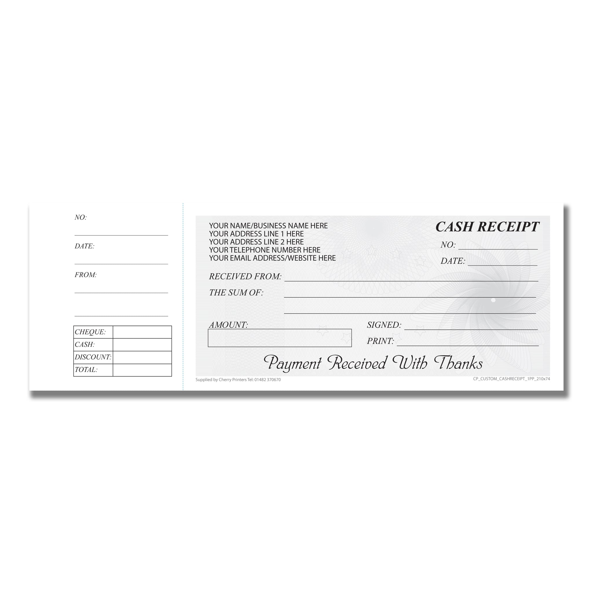 *CUSTOM* Cash Receipt Cheque Book Style with Stub 210mmx74mm 80g 50 Pa ...