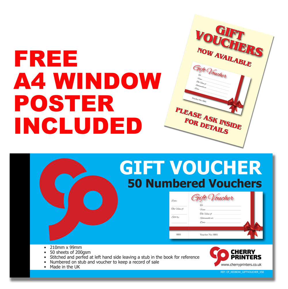 Red Bow Gift Voucher Book 99mm x 210mm with FREE A4 POSTER – Cherry ...