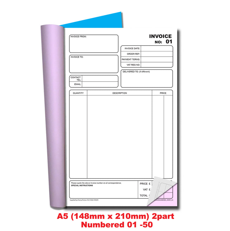 NCR Invoice Duplicate Book A5 Numbered 01-50 – Cherry Printers UK