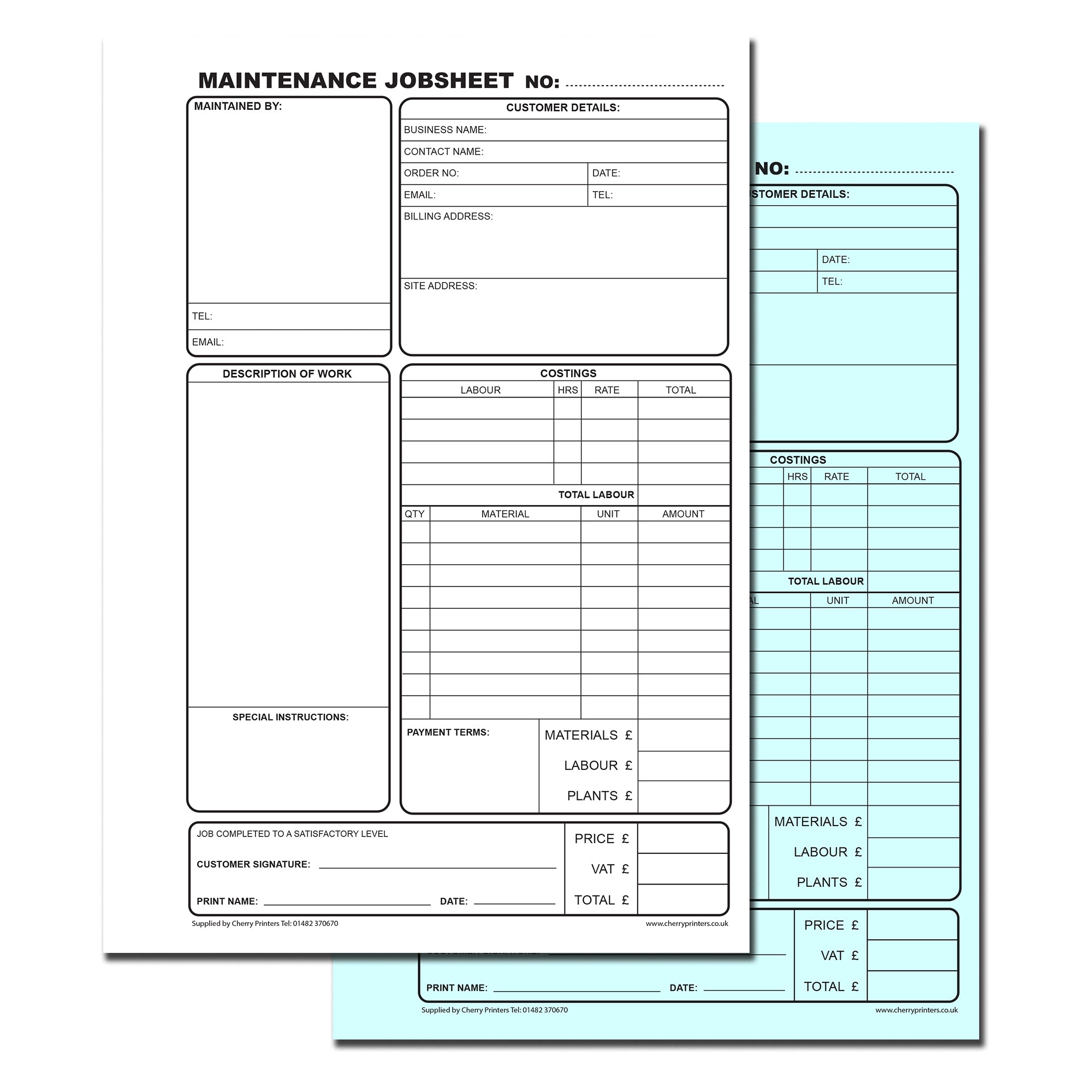 NCR Maintenance Job Sheet Duplicate Book A5 – Cherry Printers UK