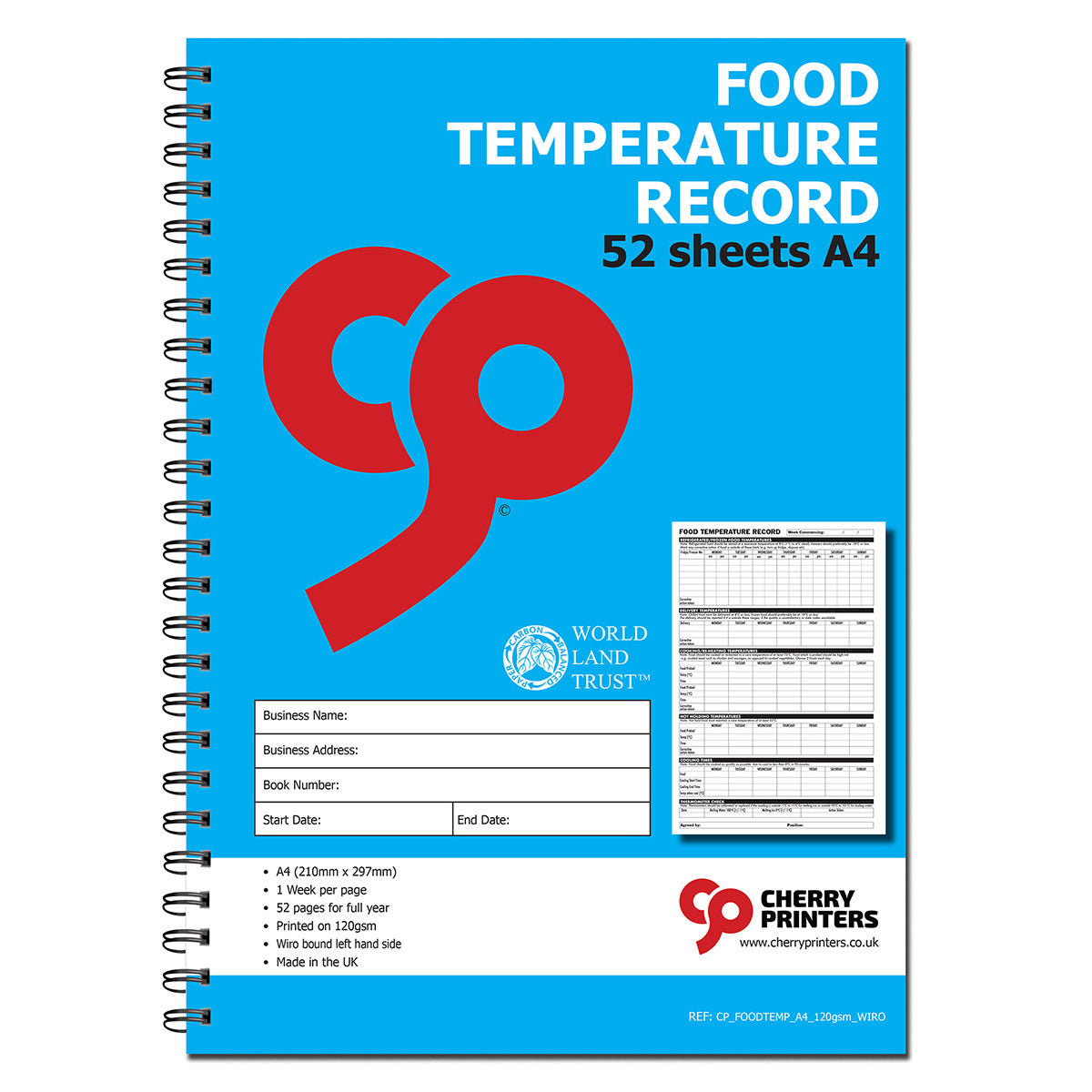 Food Temperature Record Book A4 52Pages 120gsm Wirobound – Cherry ...