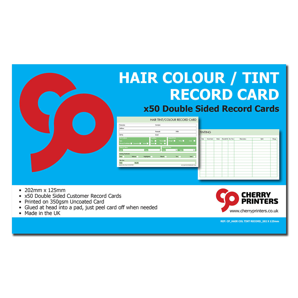 Hair Colour / Tint Record Card Pad 202mm x 125mm 50pages 350gsm ...