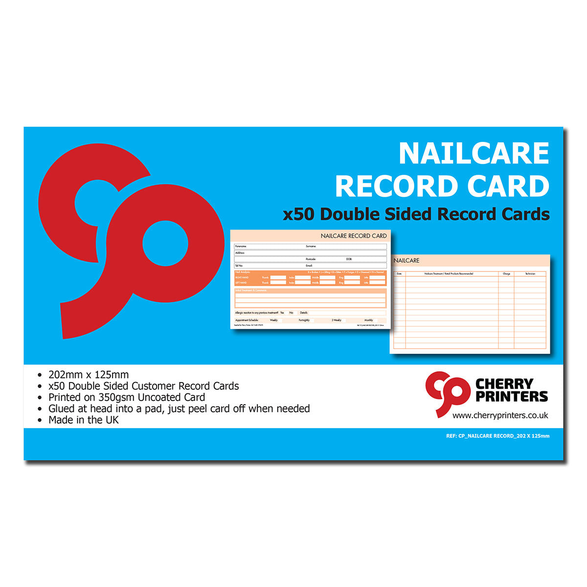 Nail Care Record Card Pad 202mm x 125mm 50pages 350gsm – Cherry Printers UK