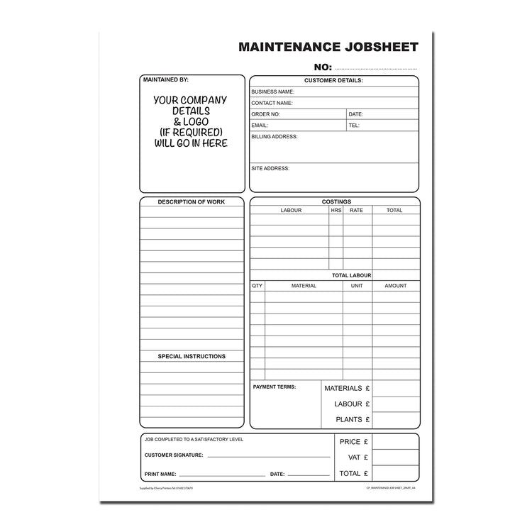 NCR *CUSTOM* Maintenance Jobsheet Triplicate Book A4 | 2 Book Pack ...