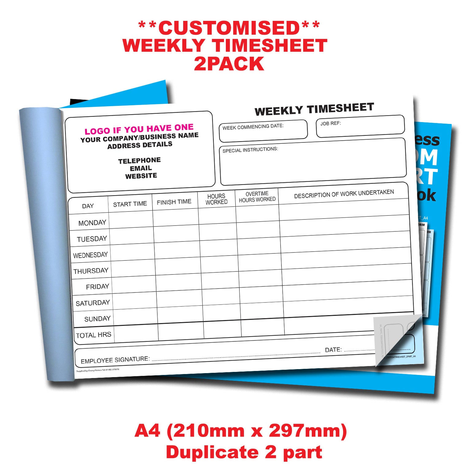 NCR *CUSTOM* Weekly Timesheet Duplicate Book A4 | 2 Book Pack – Cherry ...