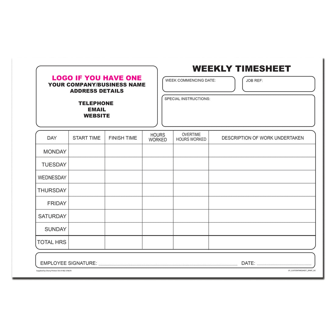 NCR *CUSTOM* Weekly Timesheet Duplicate Book A4 | 2 Book Pack – Cherry ...