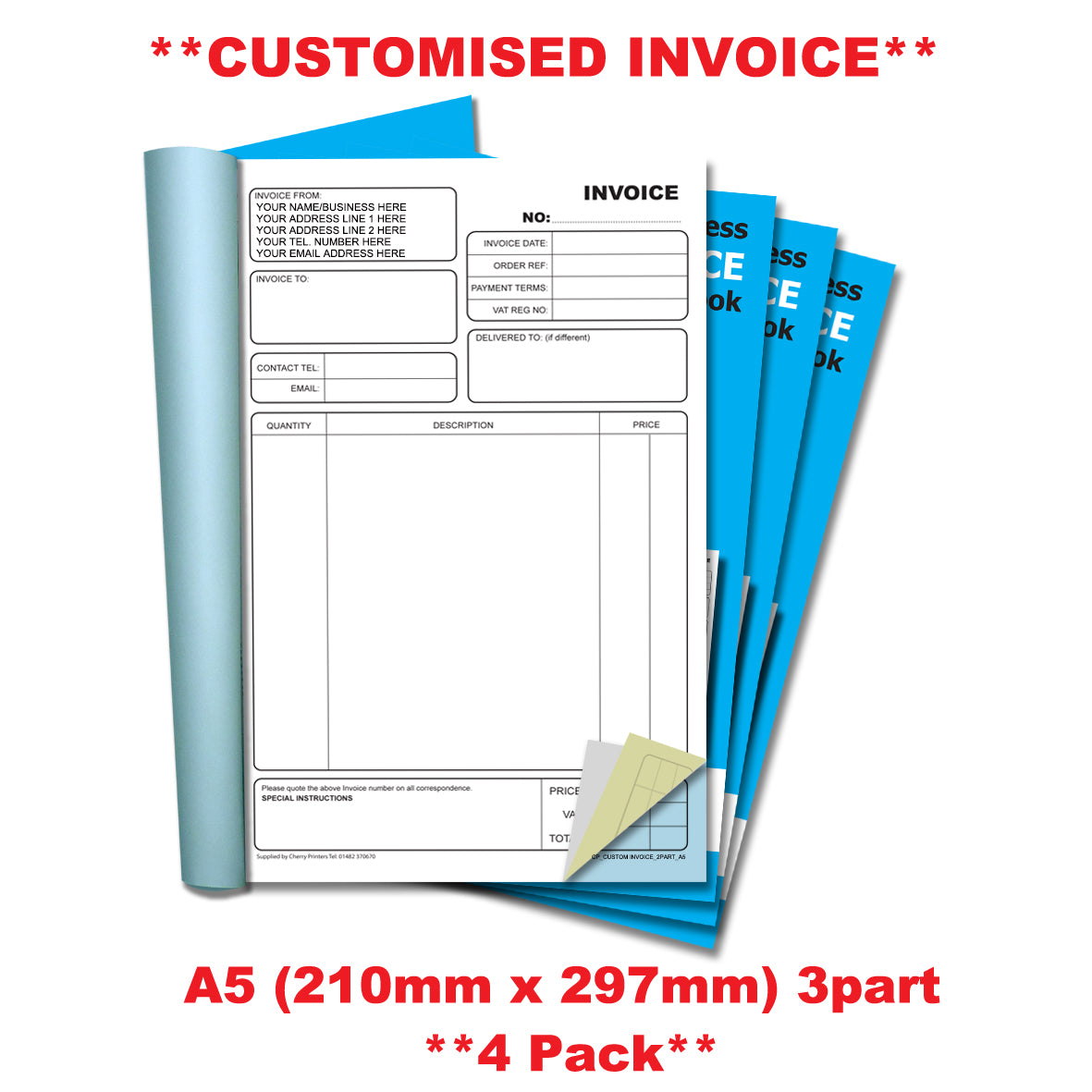 NCR *CUSTOM* Invoice Triplicate Book A5 | 4 Book Pack – Cherry Printers UK