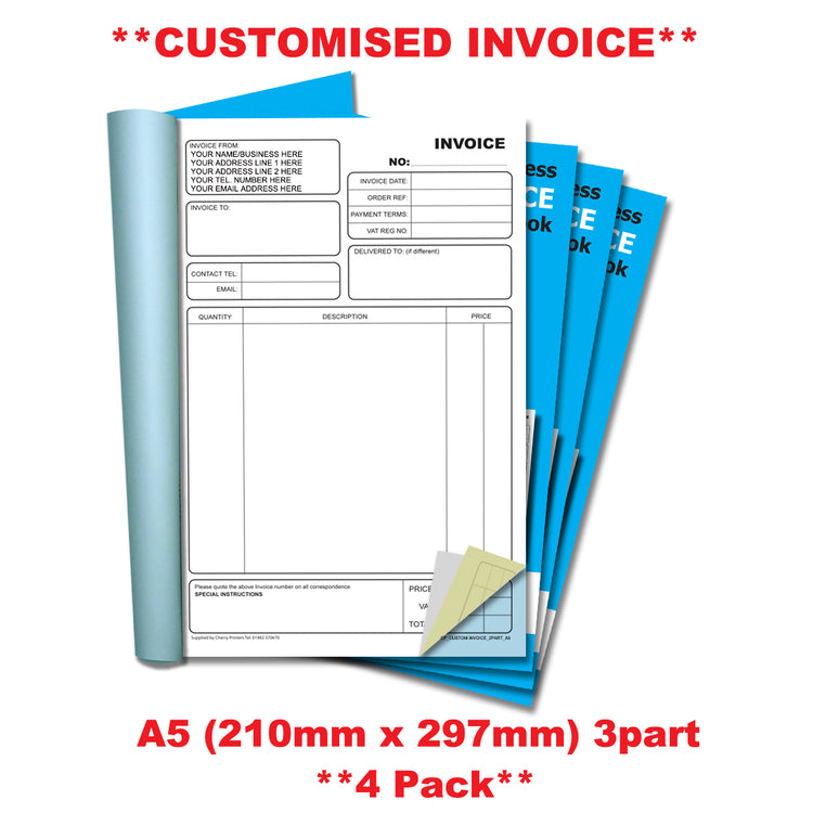 NCR *CUSTOM* Invoice Triplicate Book A5 | 4 Book Pack – Cherry Printers UK
