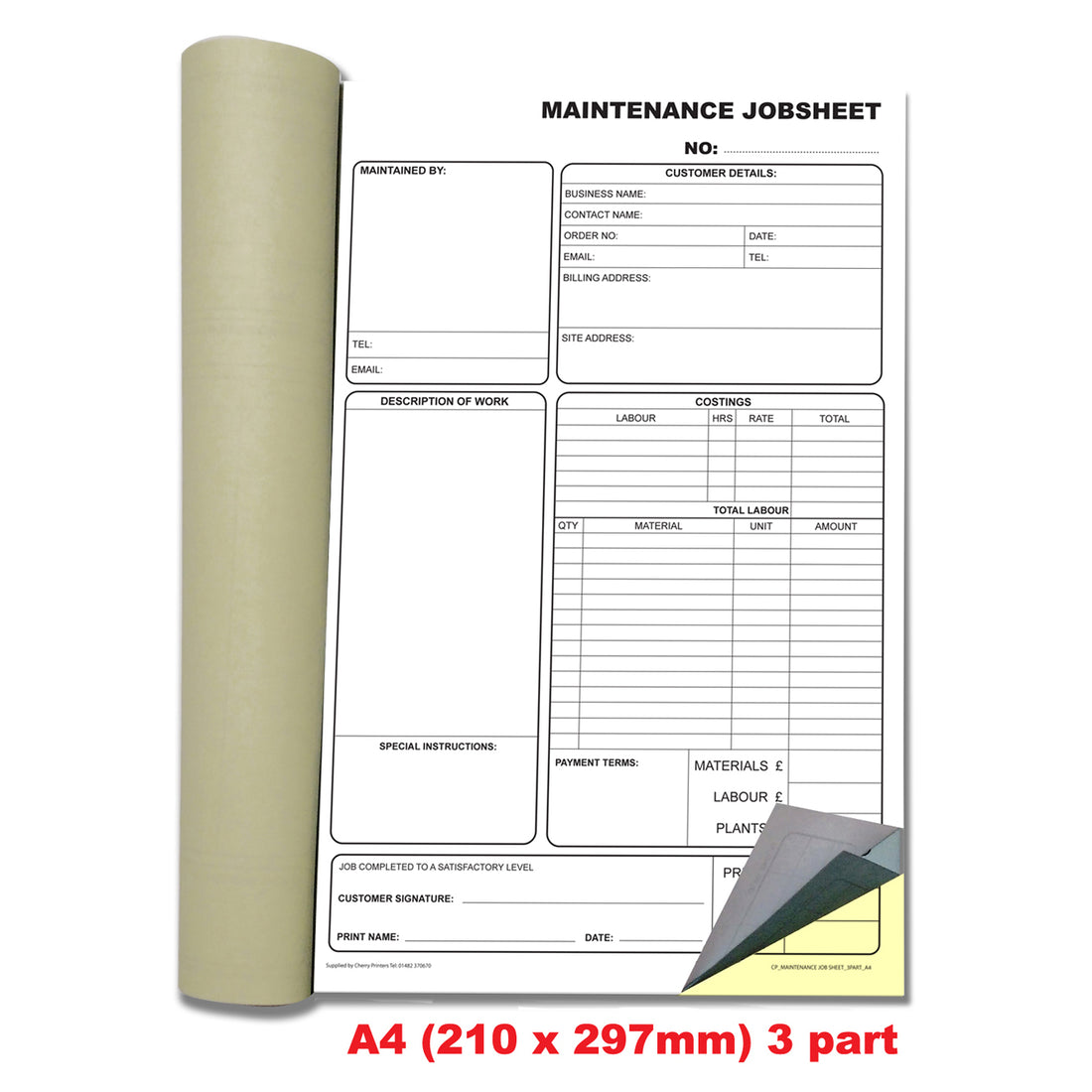 NCR Maintenance Job Sheet Book A4 Triplicate – Cherry Printers UK