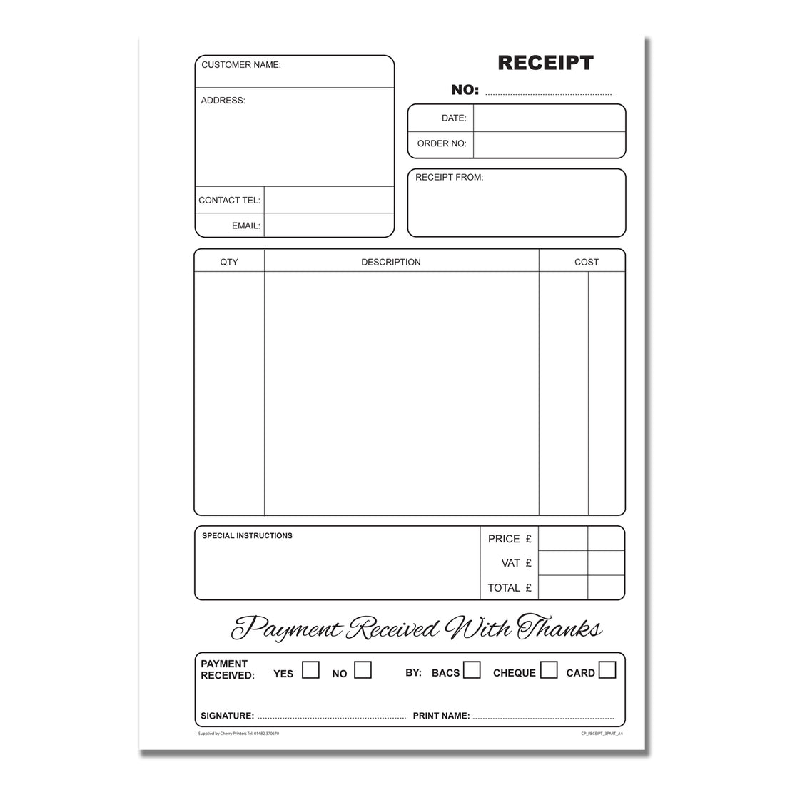 NCR Receipt Book A4 Triplicate – Cherry Printers UK