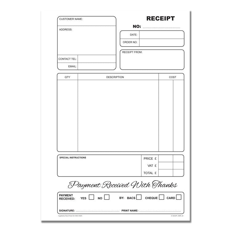 NCR Receipt Book A4 Triplicate – Cherry Printers UK
