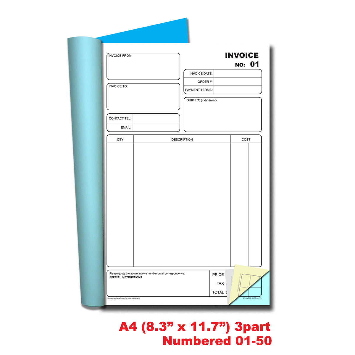 Invoice Numbered 01-50 | Triplicate Book | 3 part | Carbonless | 50 Se ...