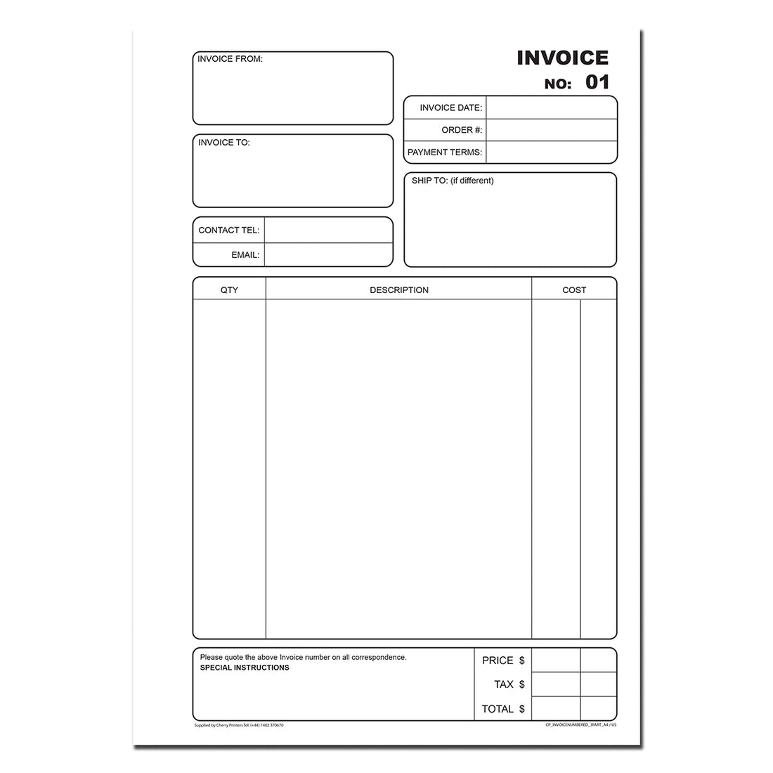 Invoice Numbered 01-50 | Triplicate Book | 3 part | Carbonless | 50 Se ...